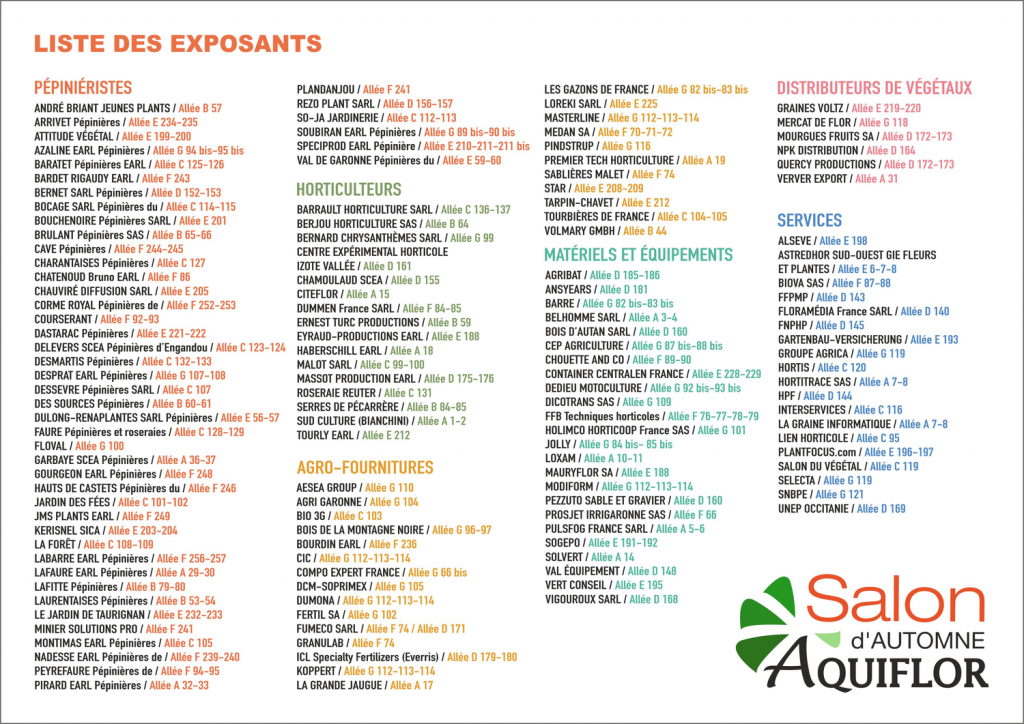 Liste des exposants au Salon - Salon Aquiflor